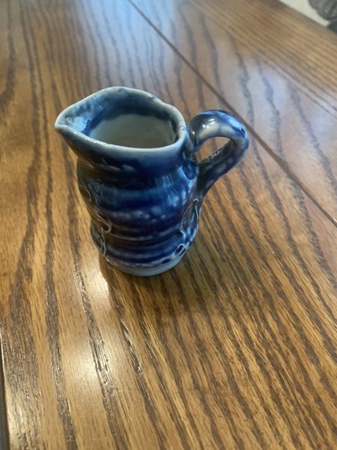 small blue pottery pitcher With White Threads 2 1/2 Inch | eBay