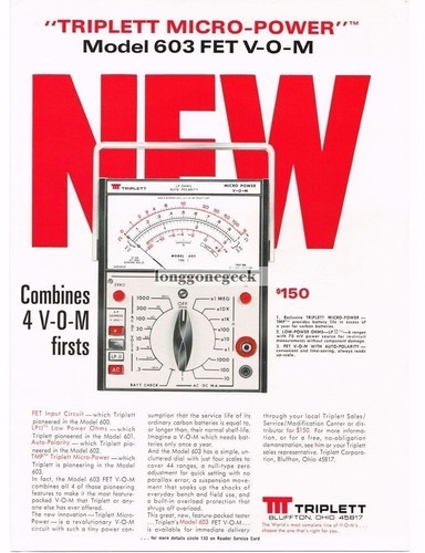 1972 Triplett 603 FET VOM Multimeter Circuit Test Equipment Vintage Ad ...