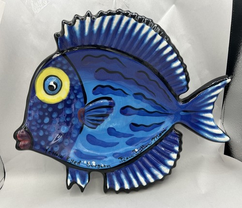 Ben Diller Tropical Yellow Eyed Surgeon Fish Art Pottery Dish Bowl 13 ...