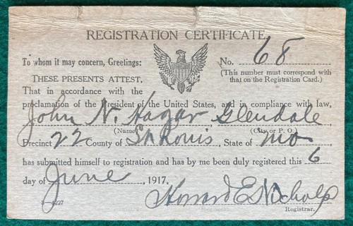 WW1 Draft Registration Certificate Card USA Military 1918 St. Louis ...
