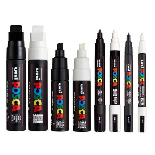 8 Pack PC-17K PC-8K PC-5M PC-3M Black White Medium to Large Tip Markers ...