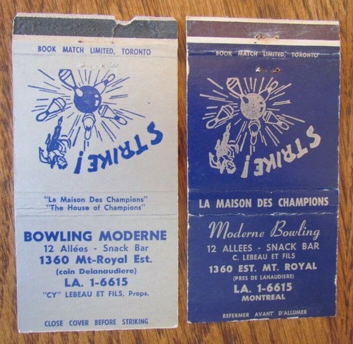 BOWLING MATCHBOOKS: MODERNE BOWLING (MONTREAL, QUEBEC) (2 DIFFERENT ...