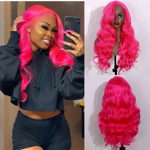 Long Wave Rose Pink Lace Front Wig Glueless Heat Safe Synthetic Wigs ...