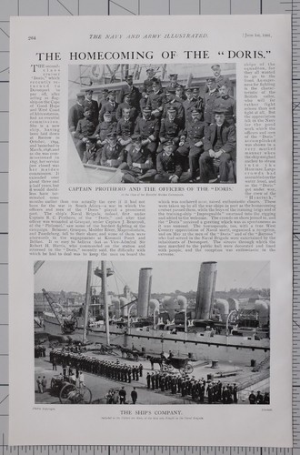1901 PRINT HOMECOMING OF THE DORIS CAPTAIN PROTHERO & OFFICERS SHIP'S ...