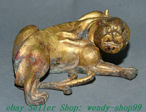 6" Old Chinese Dynasty Bronze Ware Gold Feng Shui Dragon Beast Animal ...