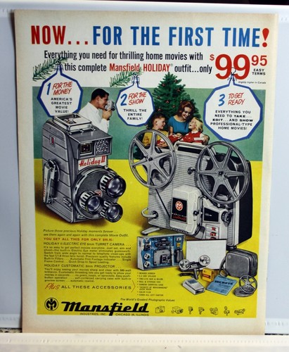 1961 Mansfield Holiday II camera, and projector vintage print ad, large ...