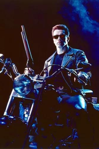 Arnold Schwarzenegger Sitting On Harley Fat Boy Terminator 2 5x7 photo ...