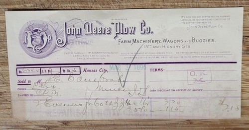 Kansas City MO John Deere Billhead 1896 to Bonebrake Hardware #2 | eBay