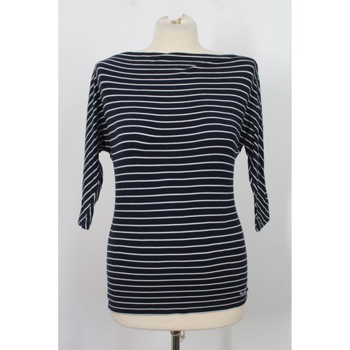 Max Mara M Navy Blue White Stripe Boat Neck 3/4 Sleeve Stretch Tee Top ...