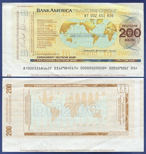 USA BANK OF AMERICA 200 GERMAN DEUTCHE MARK TRAVELERS CHEQUE 1981 | eBay