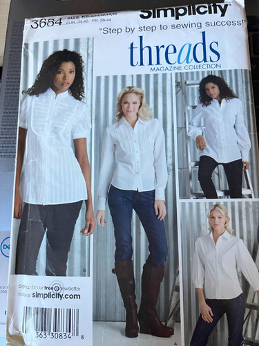 Simplicity # 3684 THREADS Pattern Shirt Blouse Button Up Collar Sizes 8 ...