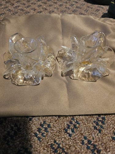 Vintage Murano Style Art Glass Flower Candle Holders Aventurine Gold ...