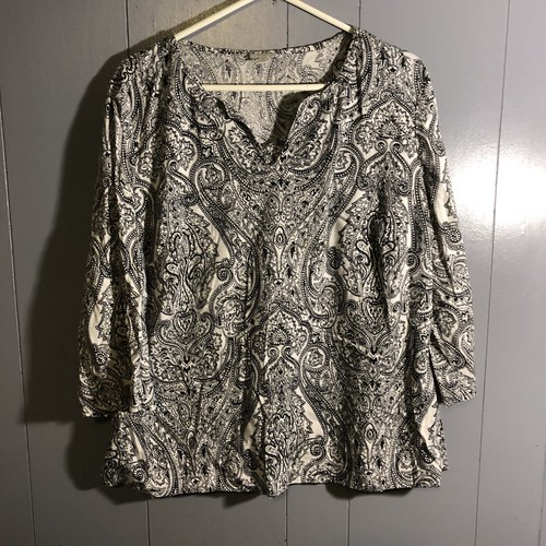 Talbots Women’s Size 1X Petite Split Neck Top 3/4 Sleeve White Black ...