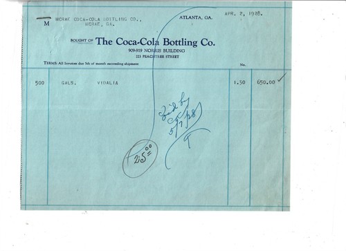 THE COCA-COLA BOTTLING CO ATLANTA GA. INVOICE DATED APR. 2, 1928, 500 ...