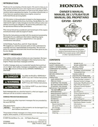 Honda GXV50 GXV57 Engine Owners Manual : 37Z4D603 | eBay