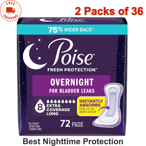 Poise Overnight Incontinence Pads for Women, 8 Drop Extra Coverage, 72 ...