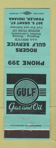 Matchbook Cover - Rogers Gulf oil gas Fowler IN TEAL | eBay