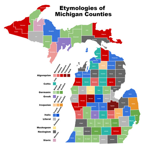 MICHIGAN STATE COUNTY MAP GLOSSY POSTER PICTURE PHOTO PRINT etymologies ...