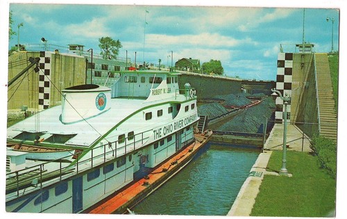 BRANDON LOCK Group of Barges with Power Boat Illinois Waterway Joliet ...