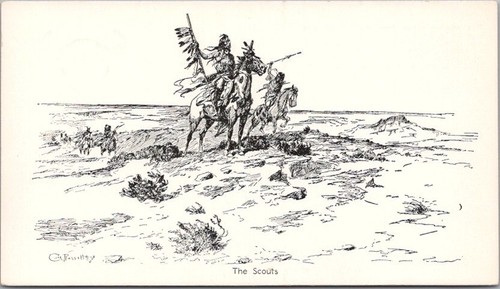 CHARLES M. RUSSELL Artist Postcard "The Scouts" Indians / Glacier ...