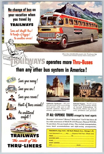 Vintage Print Ad Trailways Bus Thru Buses California Colonial Virginia ...