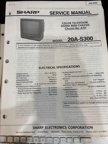 ORIG. SHARP 20A-S300 20AS300 TV Repair & Service Manual *ORIGINAL* | eBay