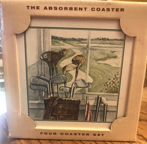 Set of 4 Vintage AbsorbaStone The Absorbent Coaster Golf Bag Scene Made ...