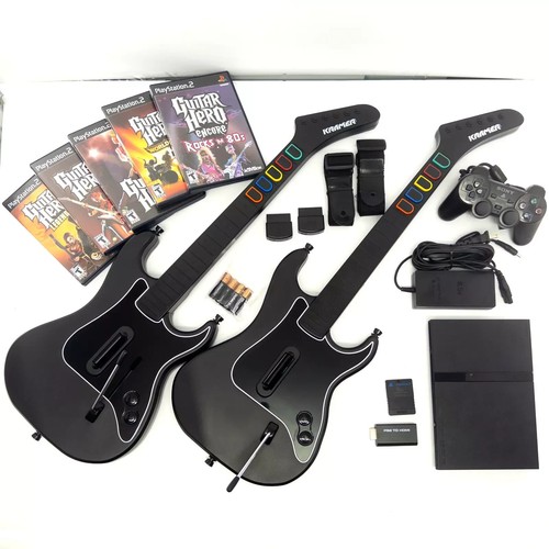 PS2 GUITAR HERO Console Bundle 2 Wireless Guitars Dongles + 5 Games ...