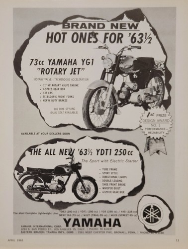 1963 Yamaha YG1 Rotary Jet 73cc / YDT1 250 Motorcycle Ad | eBay