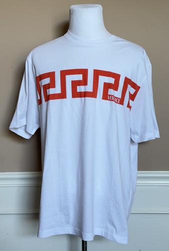 Versace Greek Key Print Cotton Jersey T-Shirt White/Coral 3XL 1014427 ...
