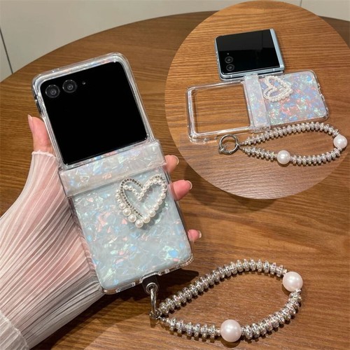 Glitter Shell Love Heart Pearl Wrist Chain Hinge Case For Motorola Razr ...