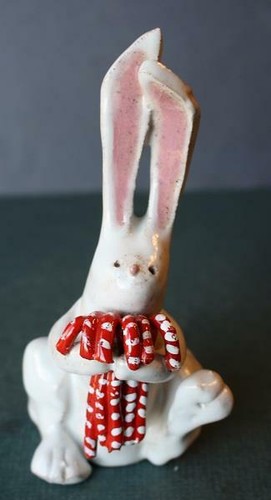 Bunny Rabbit Figurine Holding Candy Canes Clay CA Pottery Signed on ...