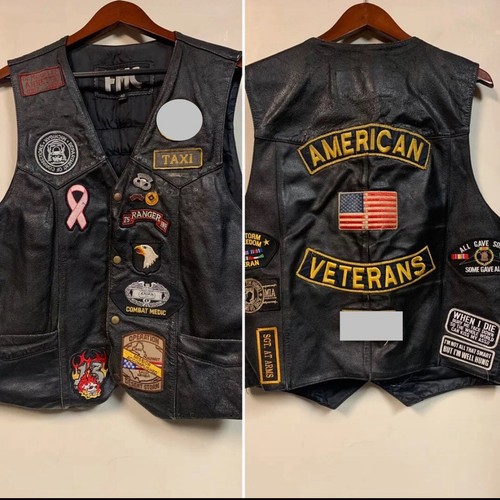 Vtg American Veterans Leather Biker Motorcycle Vest Rangers Airborne Sz ...