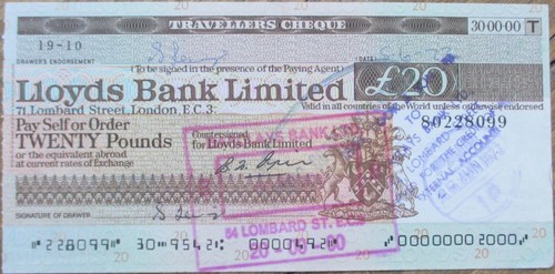 Traveller's Cheque, Lloyds Bank Limited 1973 Twenty Pounds, Brown Check ...