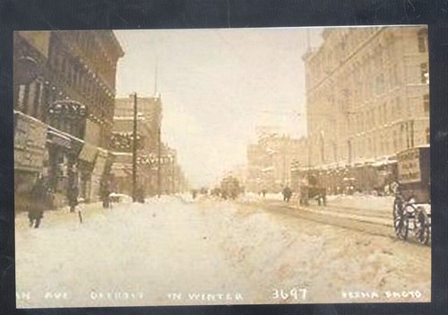 REAL PHOTO DETROIT MICHIGAN DOWNTOWN STREET SCENE WINTER SNOW POSTCARD ...