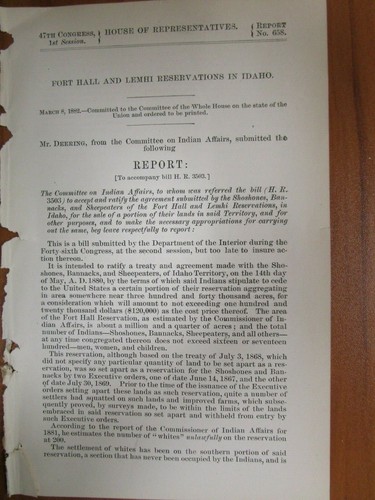 Government Report 3/8/1882 Fort Hall Lemhi Reservation ID Shoshone ...