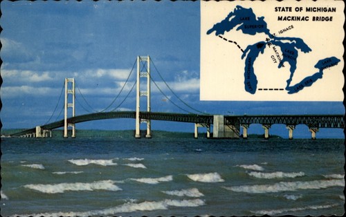 Michigan Mackinac Bridge Map two views ~ postcard sku275 | eBay