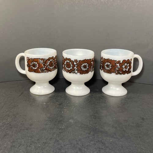 3 Milk Glass Pedestal Style Mugs with Raised Brown Black Flower Design ...