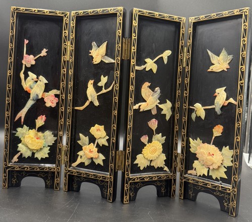 VTG 4 Panel Black Lacquer Asian Mother of Pearl Table Screen 3D Flowers ...