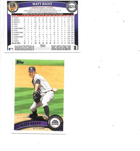 Matt Daley 2011 Topps Update Series Baseball Card #US214 Rockies 2 card ...