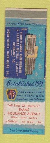 Matchbook Cover - Evans Insurance Agency Montrose PA low phone # WEAR ...