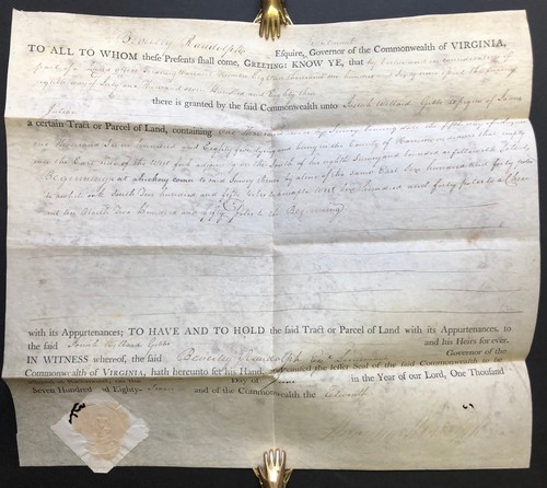 Beverley Randolph: [Printed Vellum] Land grant Signed. Virginia, 1787 ...