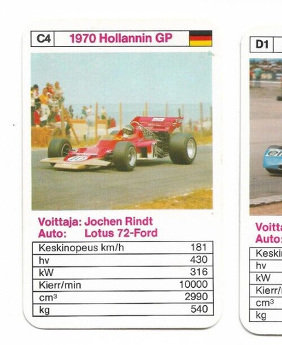 1979 Fenno-Paperi F1 Formula 1 Playing cards Finnish #C4 Jochen Rindt ...