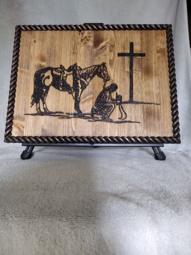 Solar Pyrography wood burning praying cowboy western religion horses | eBay