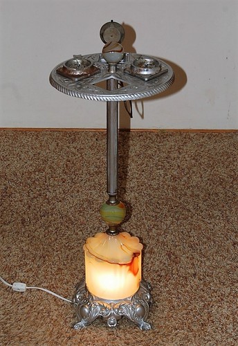 VINTAGE SMOKING STAND ART DECO STYLE, LIGHTED AGATE GLASS BASE, LIGHTER ...