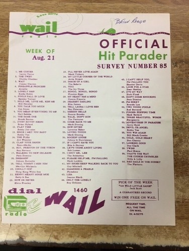 1960 Hit Parader Radio Station Song Chart Survey WAIL 1460 Baton Rouge ...