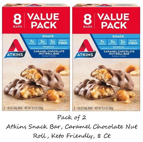 Atkins Snack Bar, Caramel Chocolate Nut Roll, Keto Friendly, 8 Ct (2 ...