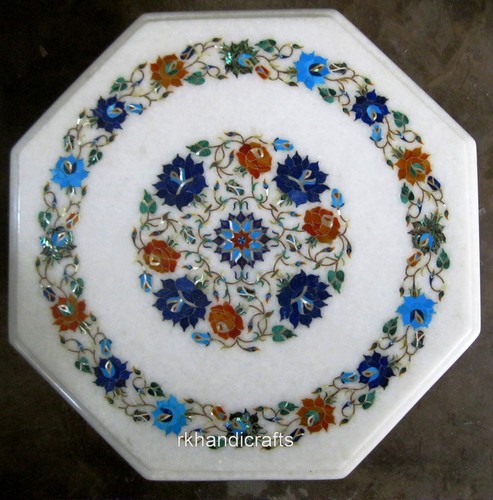 16 Inches White Marble Corner Table Multicolor Stone Inlay Work Coffee ...