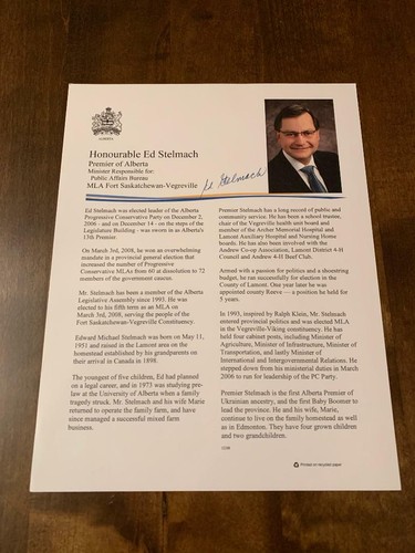 HONOURABLE ED STELMACH-SIGNED/AUTOGRAPHED-BIO-PREMIER OF ALBERTA | eBay