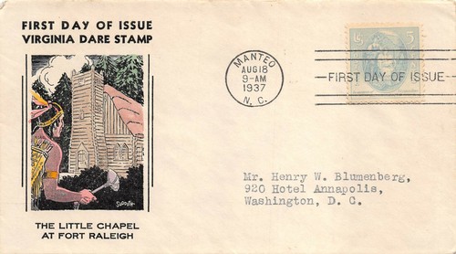 796 5c Virginia Dare, Sudduth hand tinted cachet, tied by Manteo NC ...